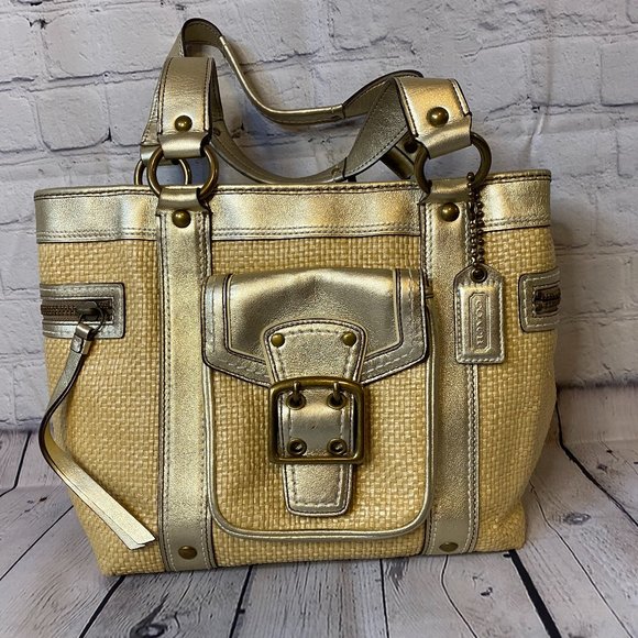 Coach | Bags | Coach Gold Woven Wicker Leather Tote Bag | Poshmark